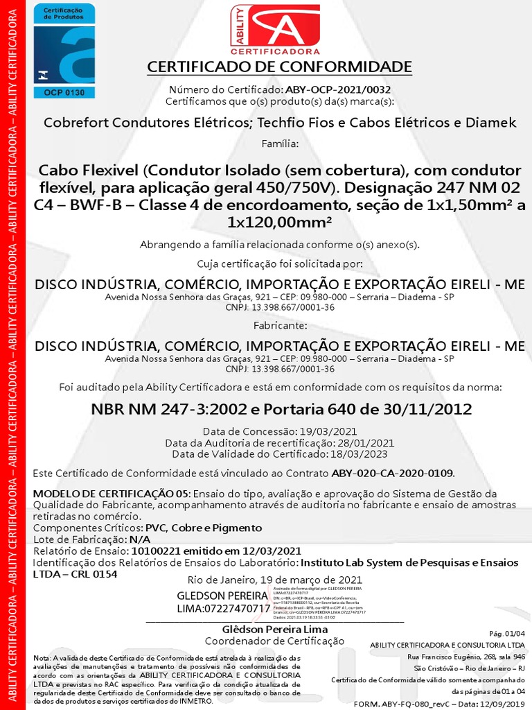 Certificado de conformidade para cabos elétricos | PDF | Condutor elétrico