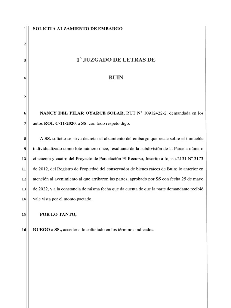 Solicita Alzamiento de Embargo | PDF