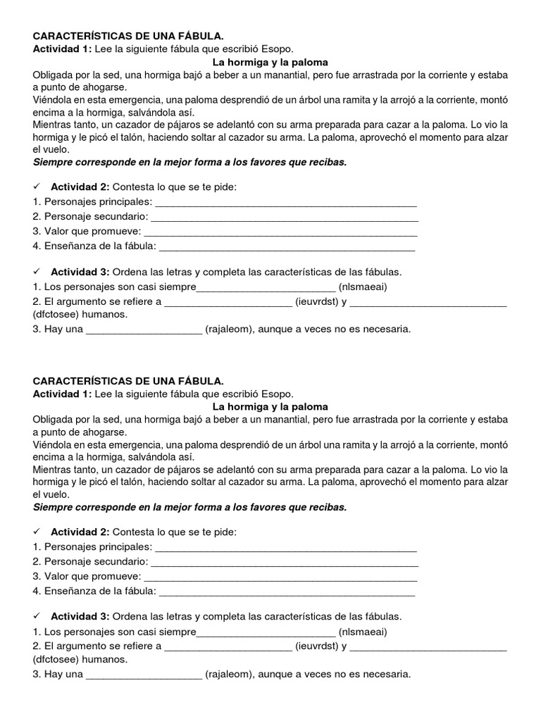 Características de la fábula y actividades | PDF | Libros para adolescentes