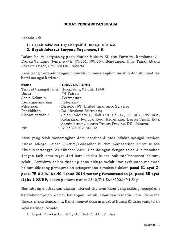 Surat Pencabutan Kuasa Bu Irma | PDF