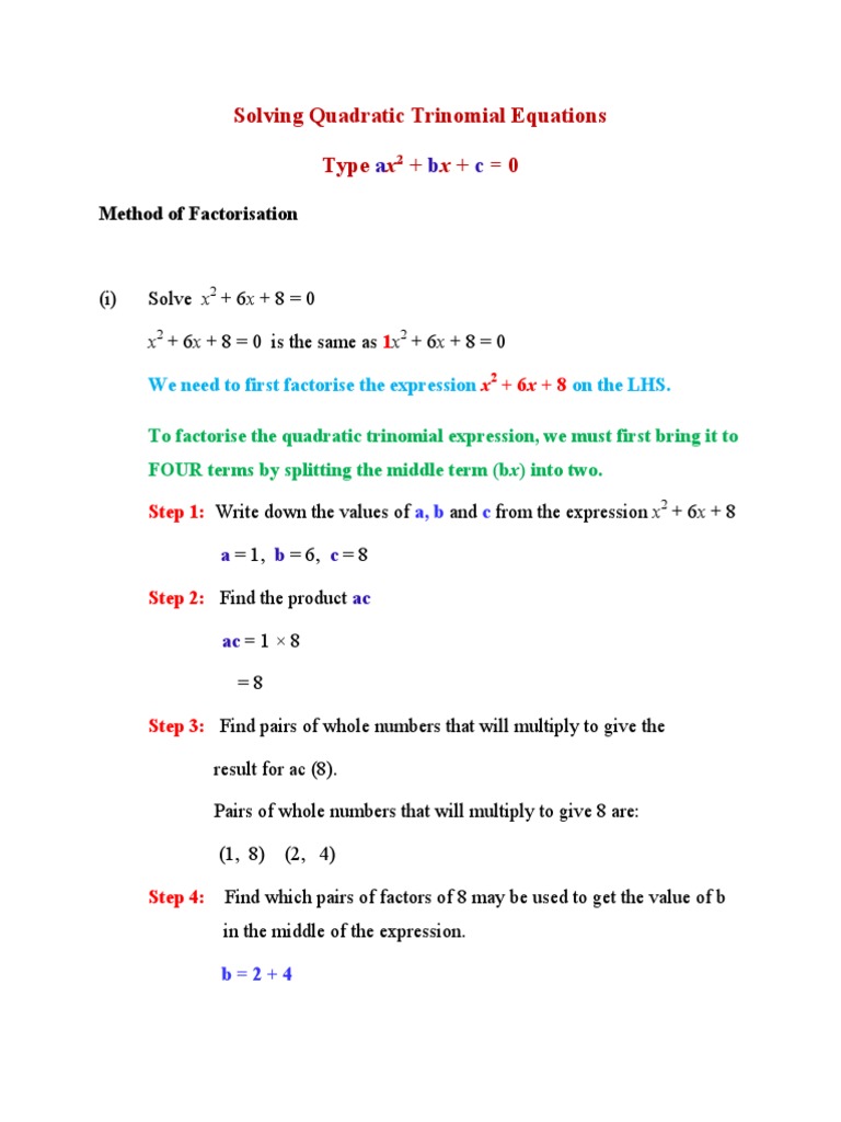 Solving Quadratic Trinomial Equations Pdf Factorization Quadratic Equation