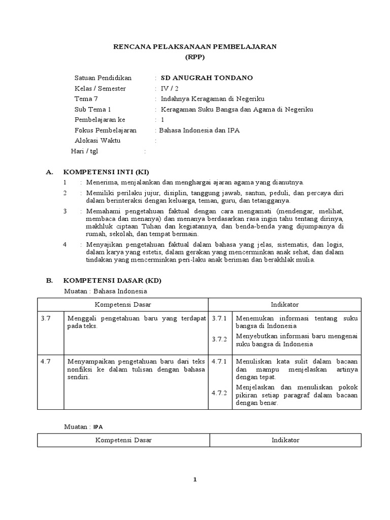 RPP Kelas 4 SD Tema 7 | PDF