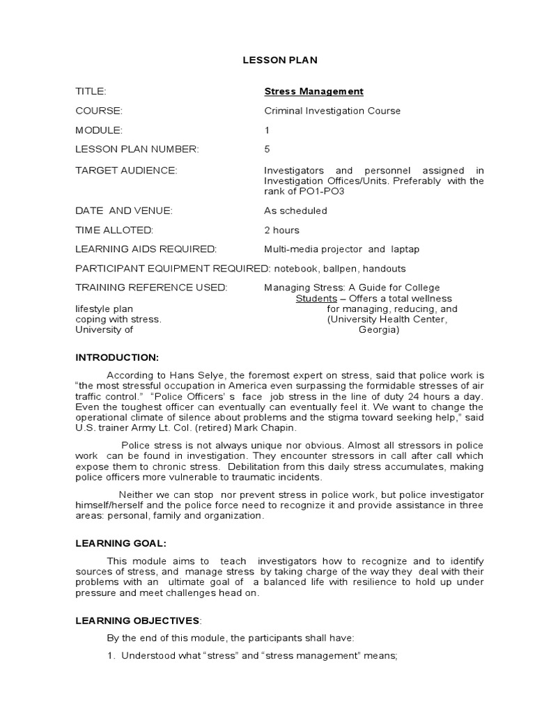 Lesson Plan Stress Managemennt | Download Free PDF | Stress (Biology ...