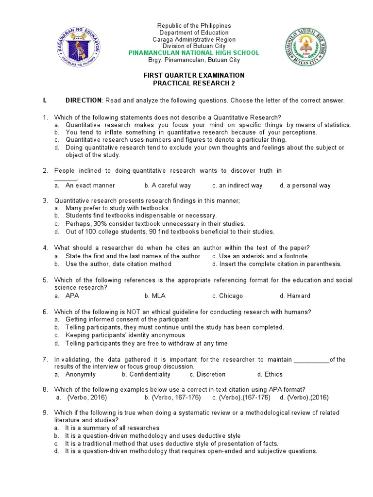 Practical Research 2: First Quarter Exam | PDF | Methodology | Experiment