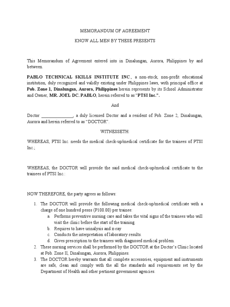 MEMORANDUM OF AGREEMENT For DOCTOR and School | PDF | Physical ...