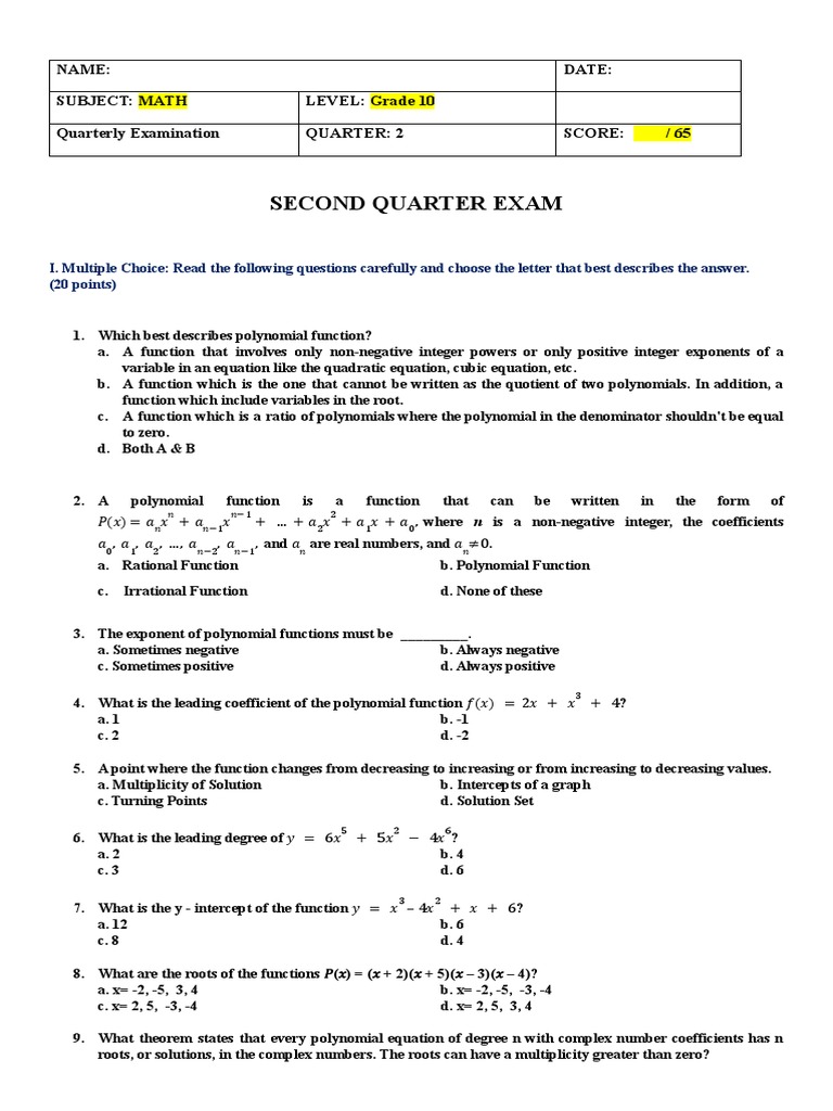 FinalQ2 Math10.Exam | PDF | Polynomial | Factorization