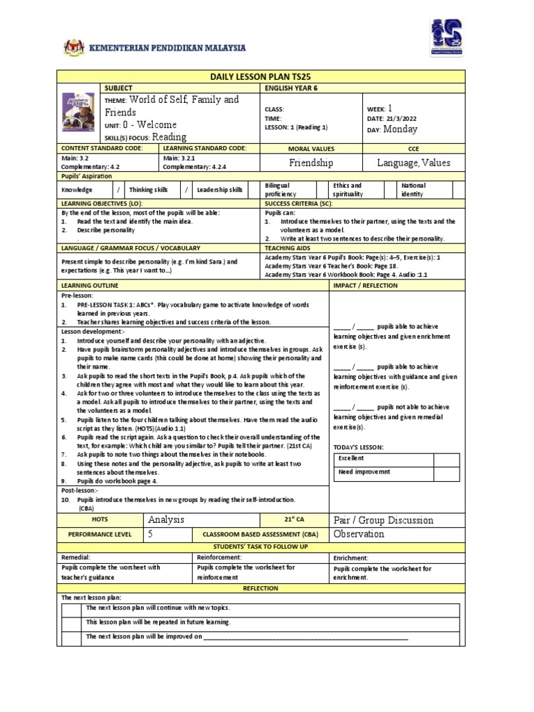 World of Self, Family and Friends 0 - Welcome Reading 1 Monday ...