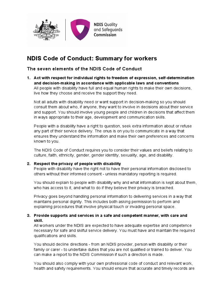 Ndis Code Conduct Summary Workers Text Only | PDF | Violence | Disability