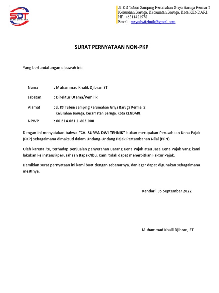 Contoh+Surat+Pernyataan+Non+Pkp | PDF