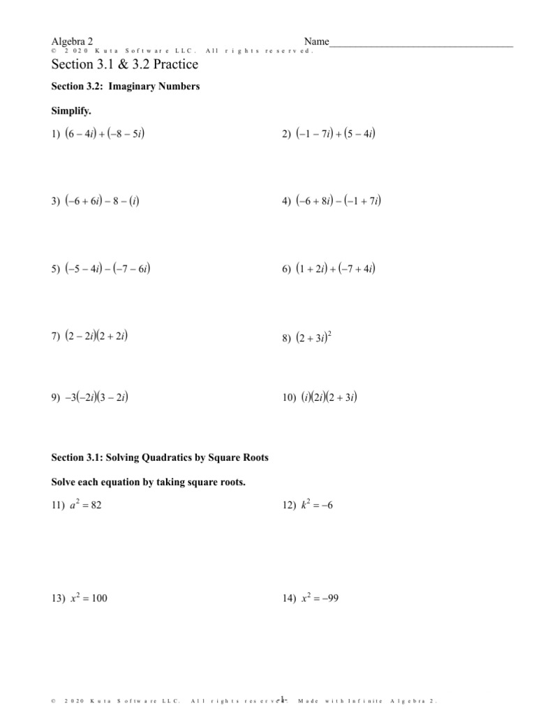 Infinite Algebra 2 - Section 3.1 & 3.2 Practice | PDF | Quadratic Equation | Abstract Algebra
