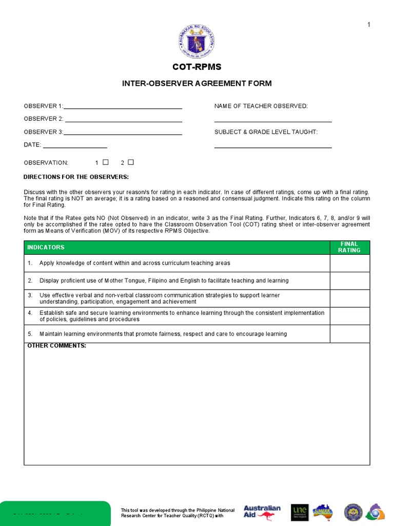 Appendix 3F COT RPMS Inter Observer Agreement Form For T I III For SY ...