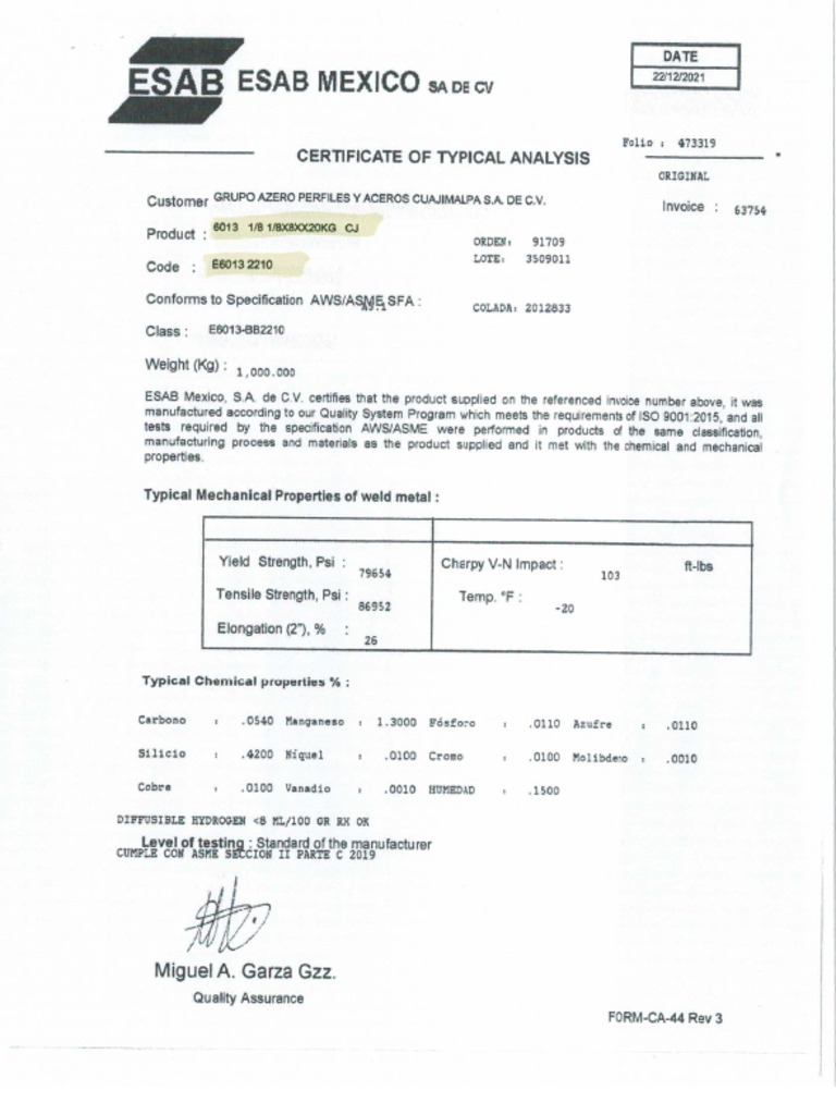 Certificado Ficha Tecnica Factura Soldadura Esab 6013 | PDF