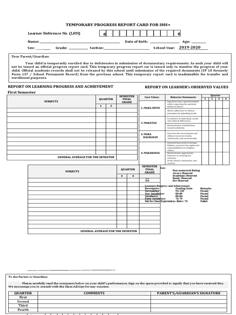 Temporary Progress Report Card SHS | PDF | Learning