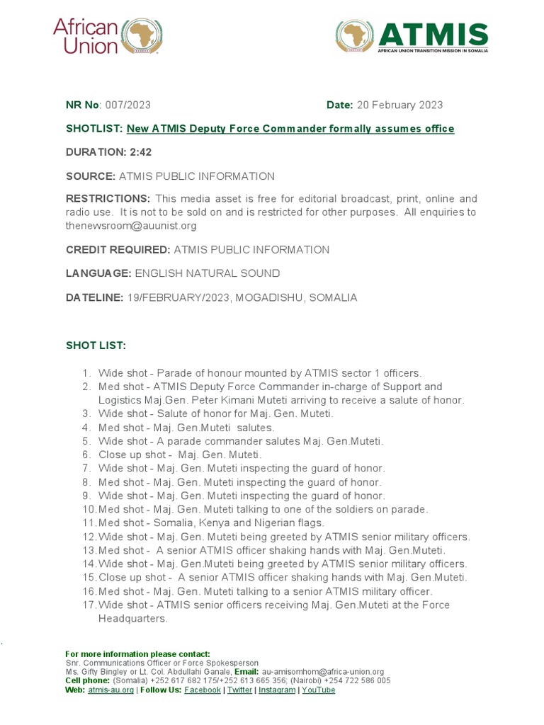 New ATMIS Deputy Force Commander Formally Assumes Office | PDF | African Union Mission To ...