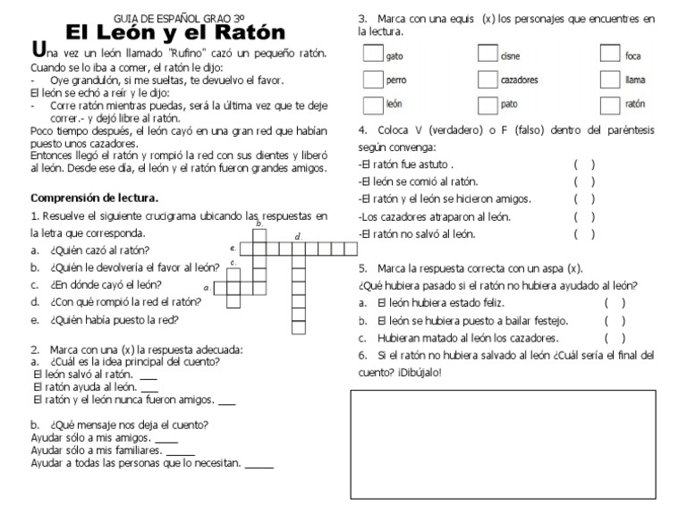 Ficha El León y El Ratón para Tercero de Primaria | PDF