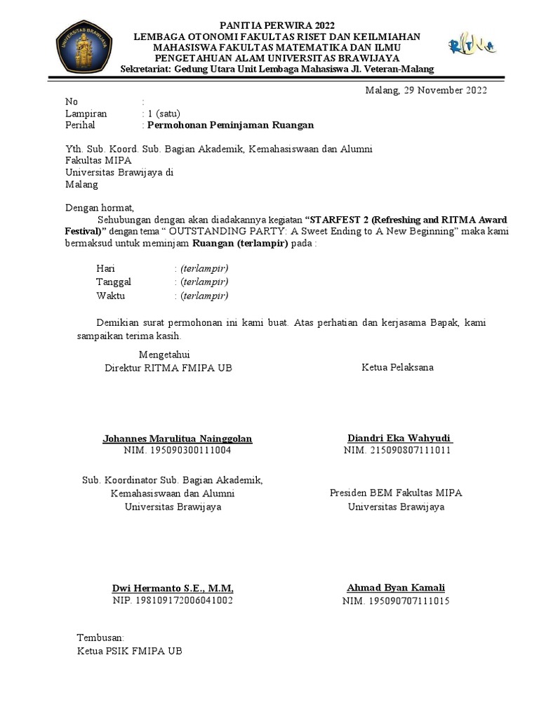 007 - Surat Peminjaman Ruangan STARFEST 2 | PDF