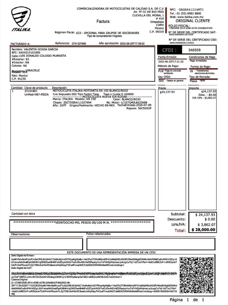 Factura Italika 29 06 2022 | PDF