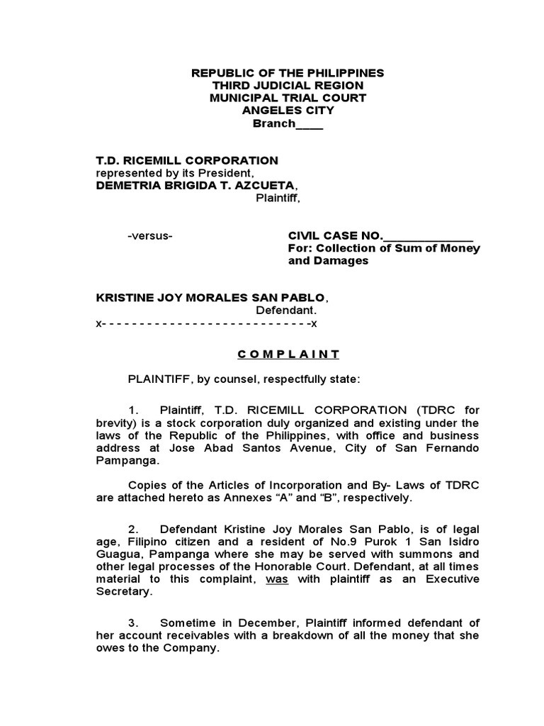 COMPLAINT Sample | PDF | Lawsuit | Complaint