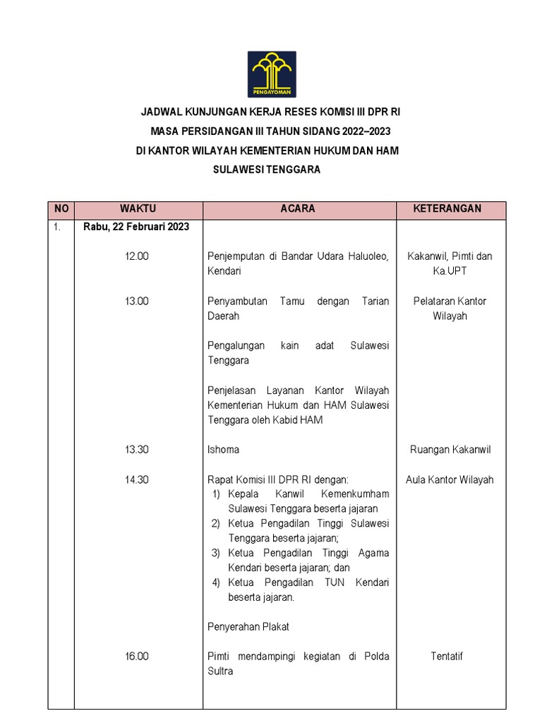 Rundown Reses Kunjungan Dpr Ri | PDF