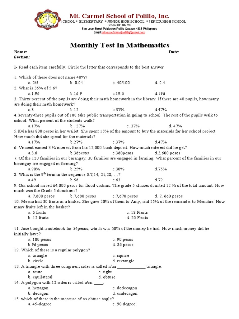 3rd MONTHLY TEST IN Math | PDF