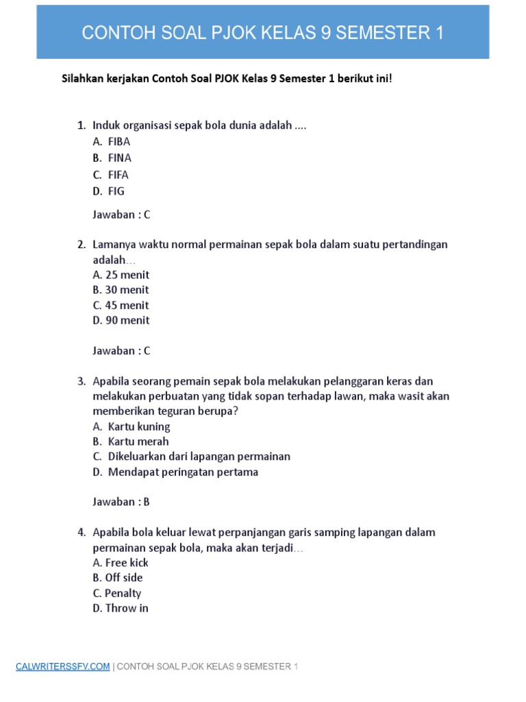 Contoh Soal PJOK Kelas 9 Semester 1 | PDF Contoh Soal PJOK Kelas 9 Semester 1 | PDF