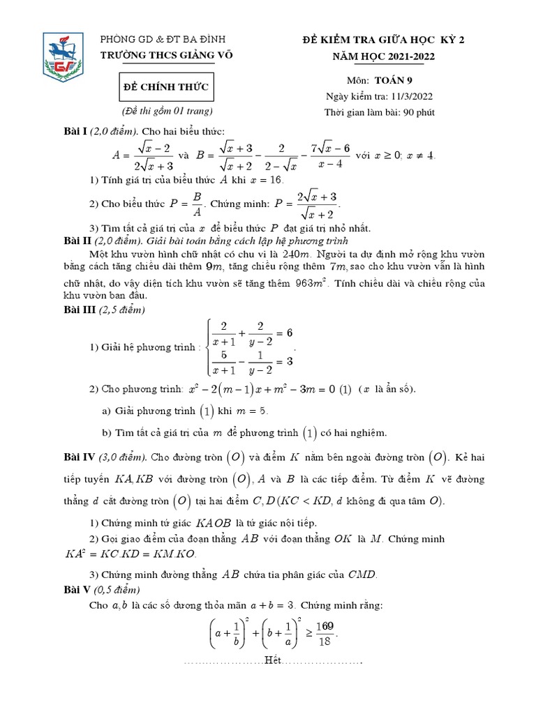 De-Kiem-Tra-Giua-Hoc-Ky-2-Toan-9-Nam-2021-2022-Truong-Thcs-Giang-Vo-Ha-Noi-Đã G P | PDF