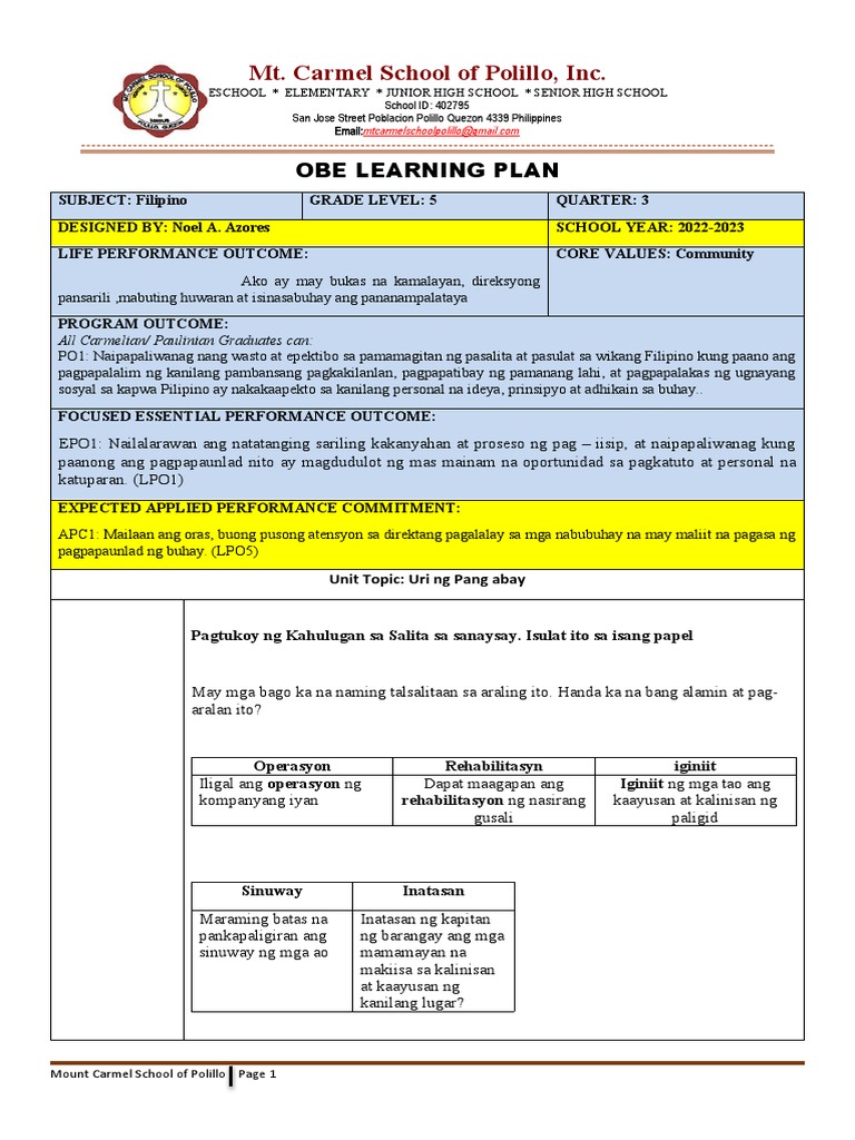 Learning Plan Filipino 5 Week 14 | PDF