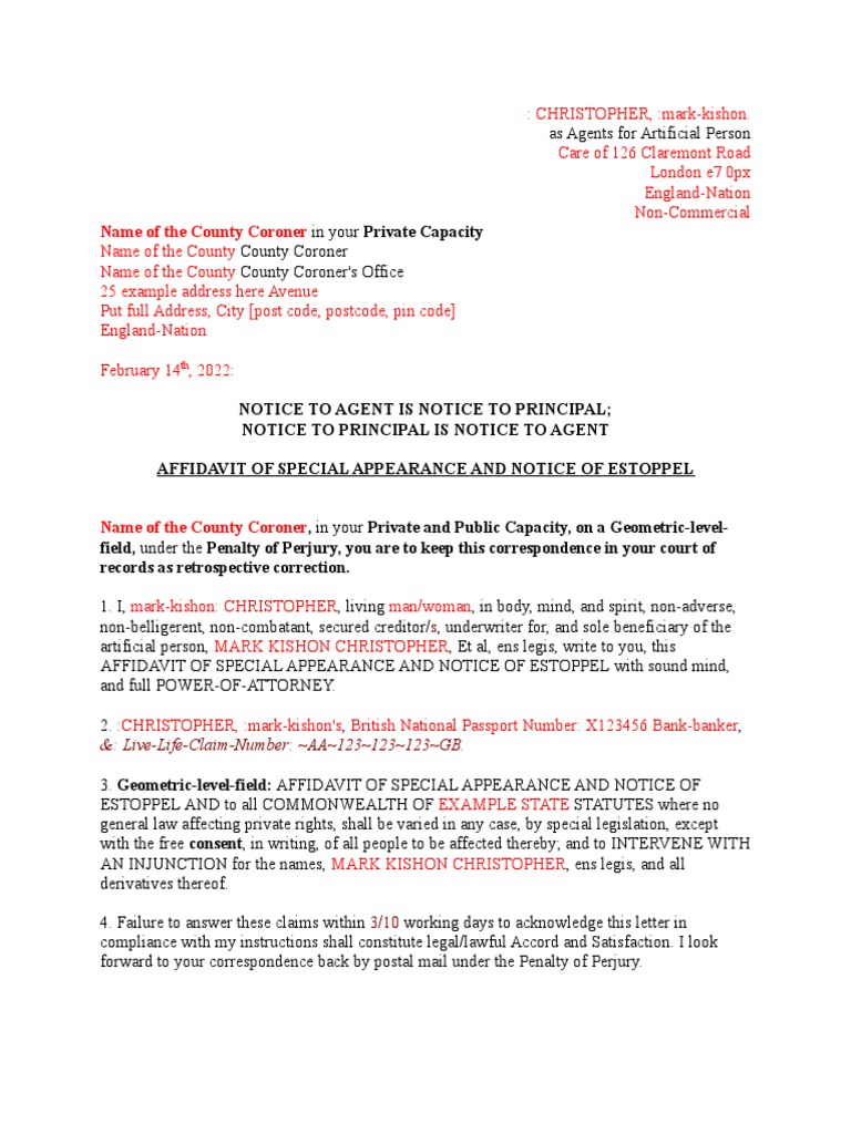 Notice of Special Appearance and Estoppel Regarding the Legal Status of an Artificial Person ...