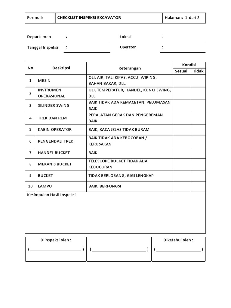 Checklist Inspeksi Excavator Harian | PDF