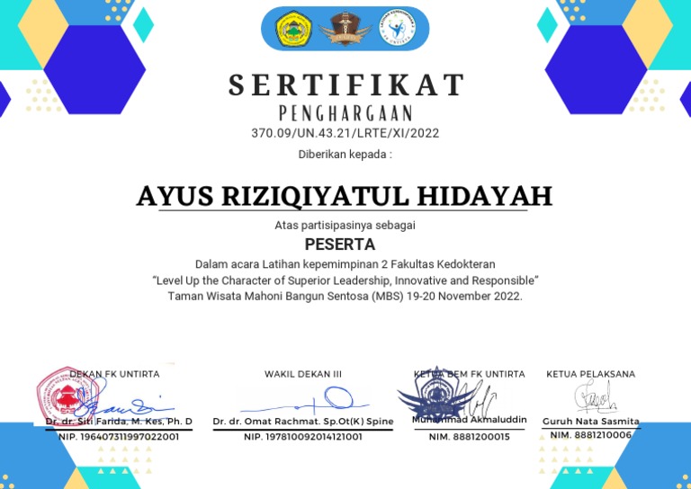 Ayus Riziqiyatul Hidayah - Sertifikat Peserta LK 2 FK Untirta | PDF