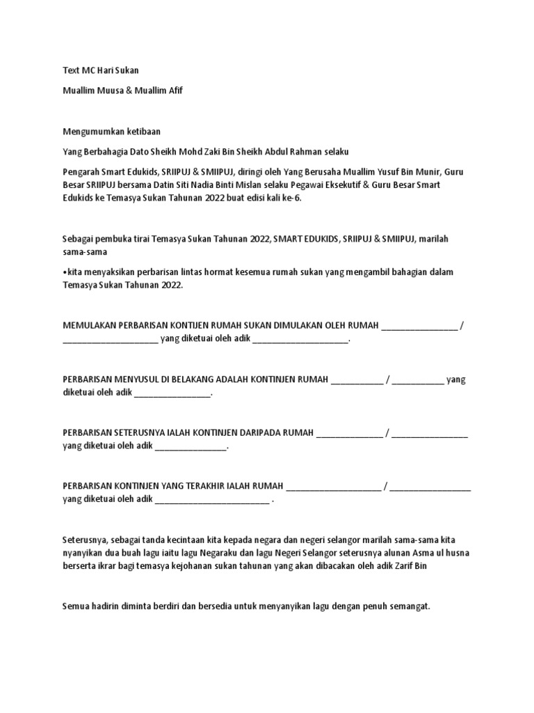 Text MC Hari Sukan 2023 | PDF