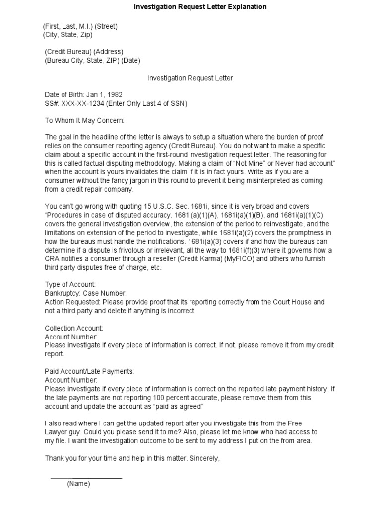 Investigation Request Letter | PDF | Credit Bureau | Credit History