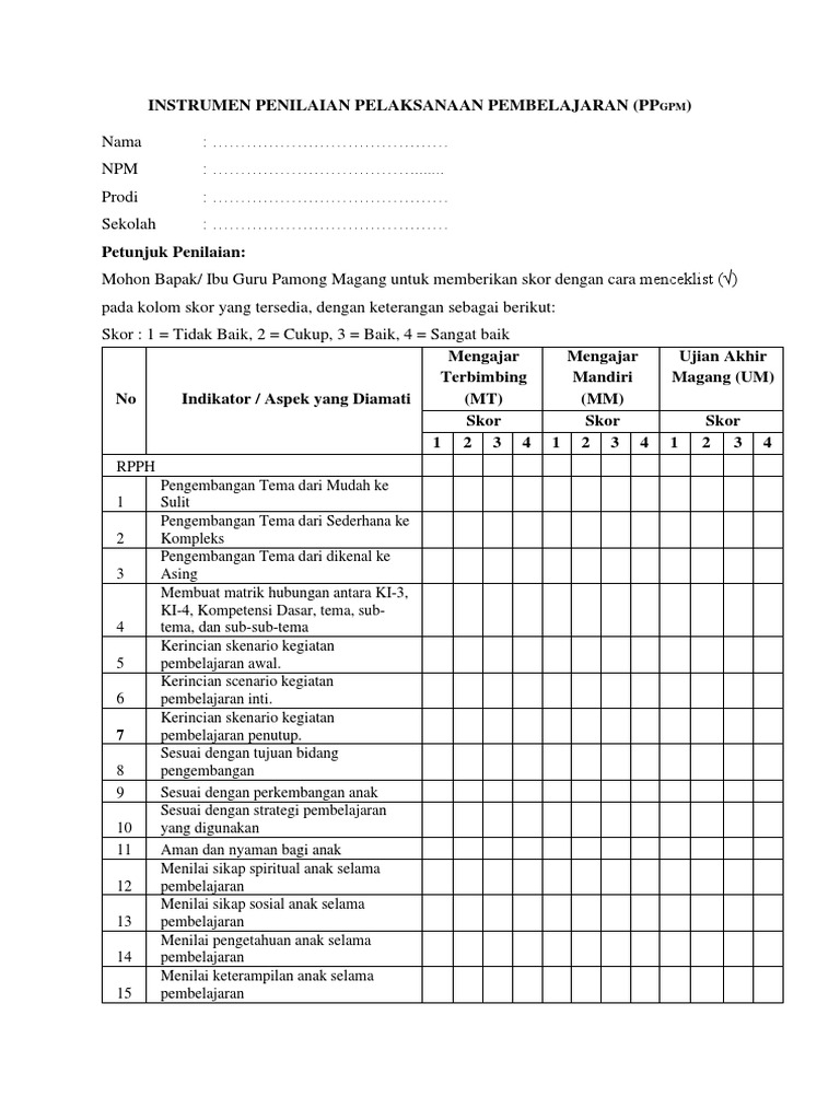 Instrumen Penilaian Pelaksanaan Pembelajaran Paud-converted | PDF