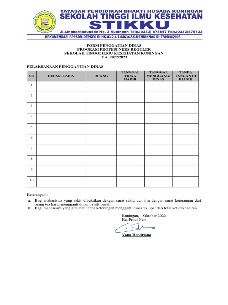 Form Penggantian Dinas Ners 2022/2023 | PDF