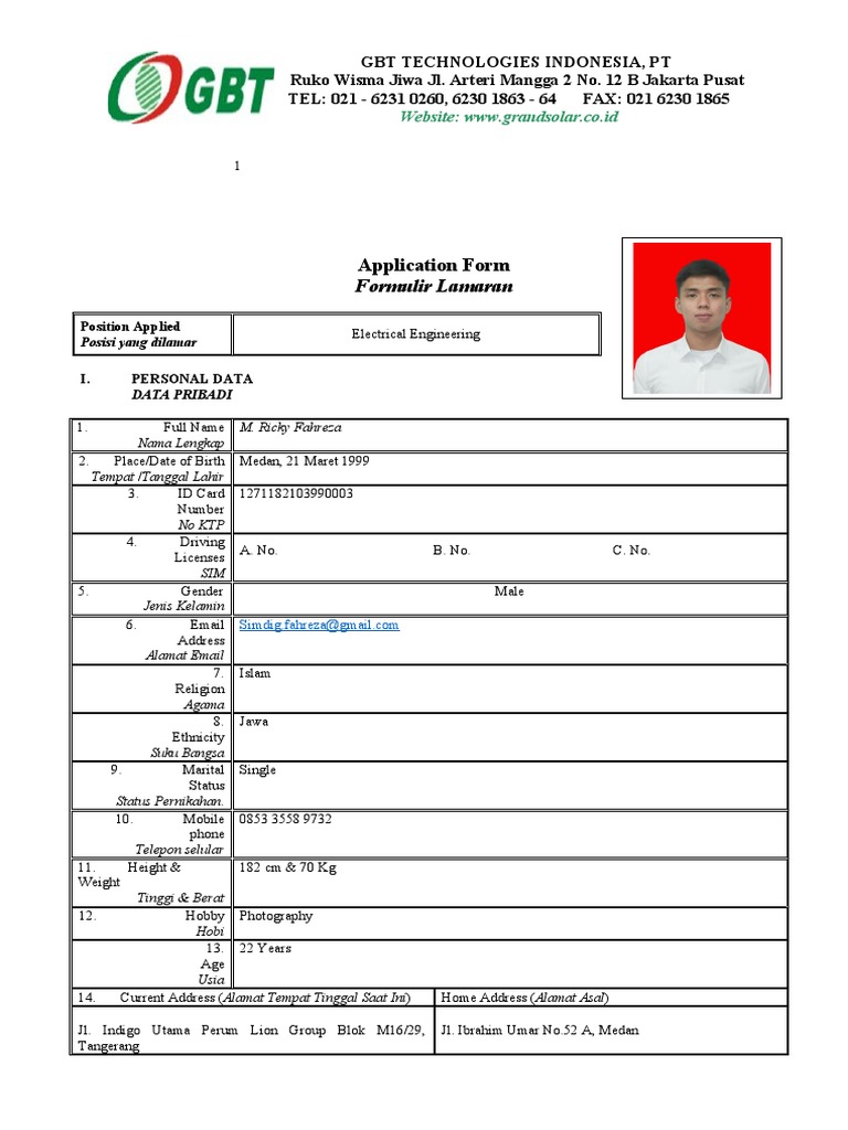 Form Lamaran Kerja GBT | PDF