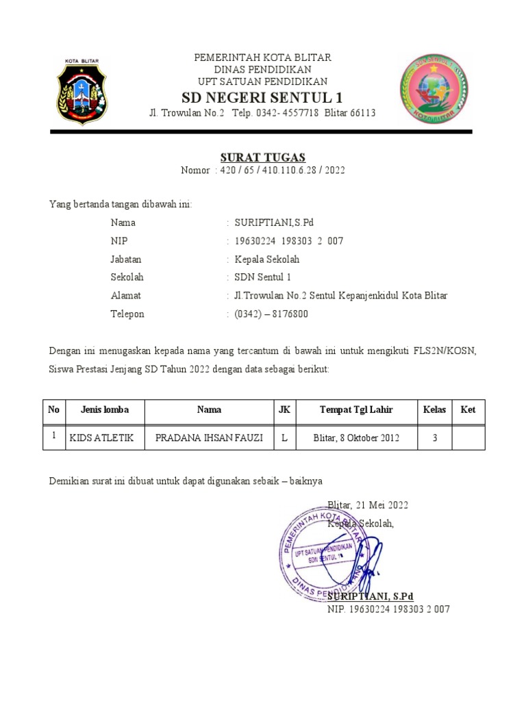 SURAT TUGAS FLS2N 2022 - SDN Sentul 1 | PDF