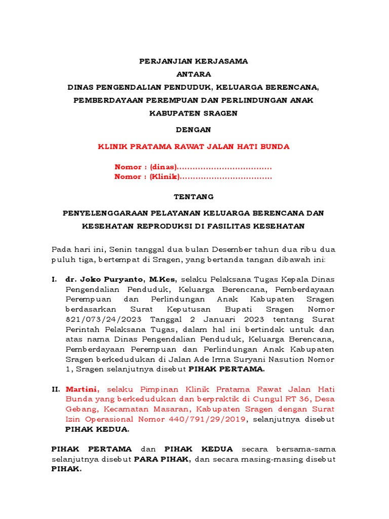 Contoh Mou Opd KB Dengan Faskes | PDF