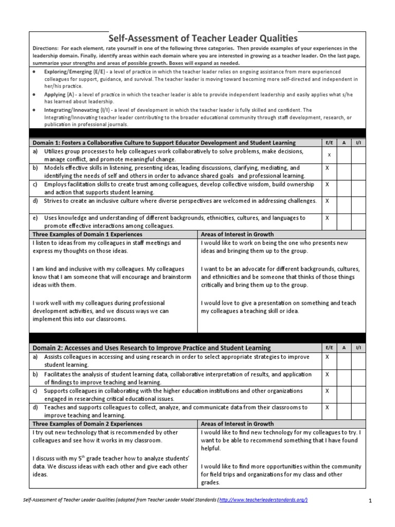 Teacher Leader Qualities Self-Assessment | PDF | Learning | Leadership