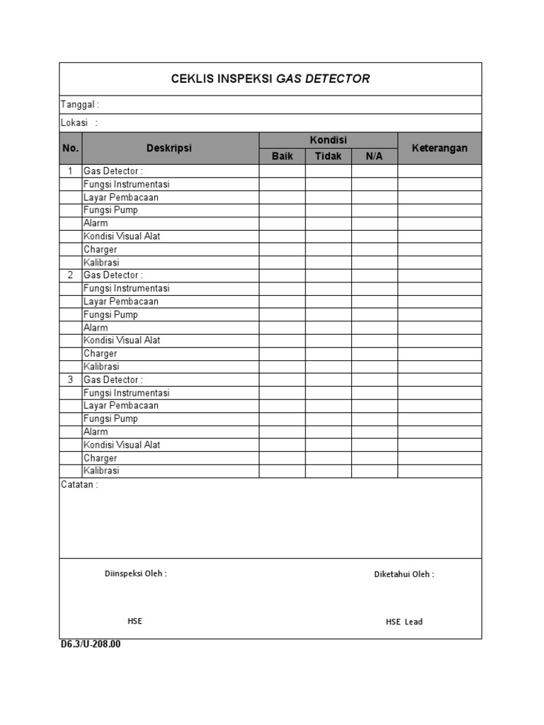 D6.3-U-208 Ceklis Inspeksi Gas Detector | PDF