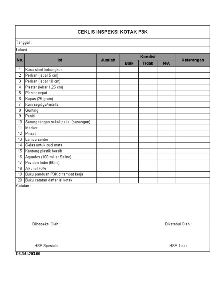 D6.3-U-203 Ceklis Inspeksi Kotak P3K | PDF
