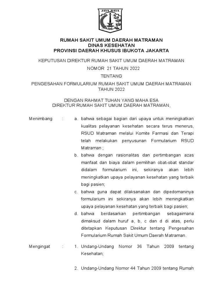Pengesahan Formularium RSUD Matraman 2022 | PDF | Teknologi & Rekayasa