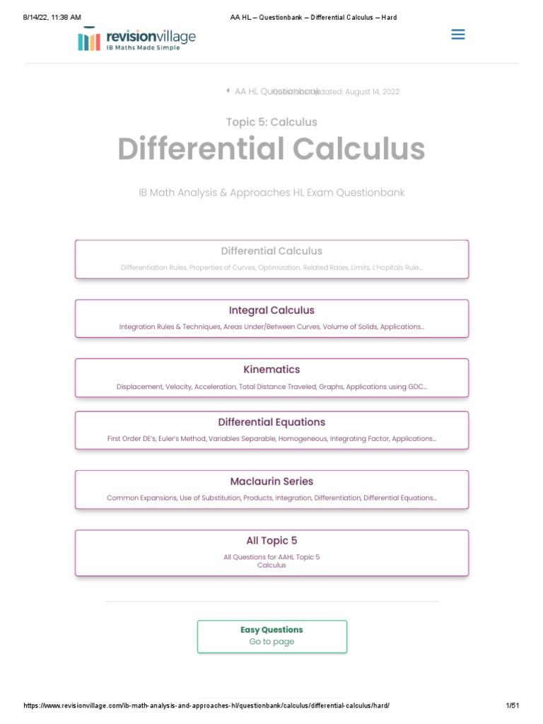 AA HL - Questionbank - Differential Calculus - Hard | PDF | Differential Equations | Integral