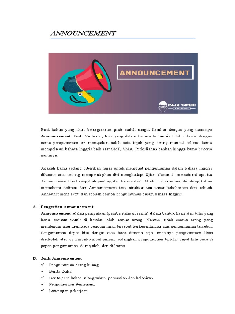 Contoh Teks Pengumuman Bahasa Inggris | PDF