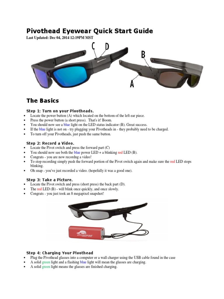 Pivothead Eyewear Quick Start Guide | PDF | Glasses | Electronics