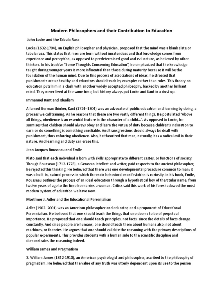 Modern Educational Philosophers' Impact | PDF | John Locke | Pragmatism