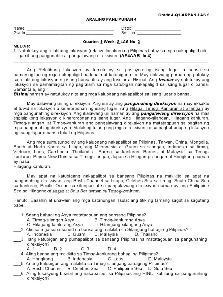 Grade 4 Q1 ARPAN LAS Week 2 | PDF