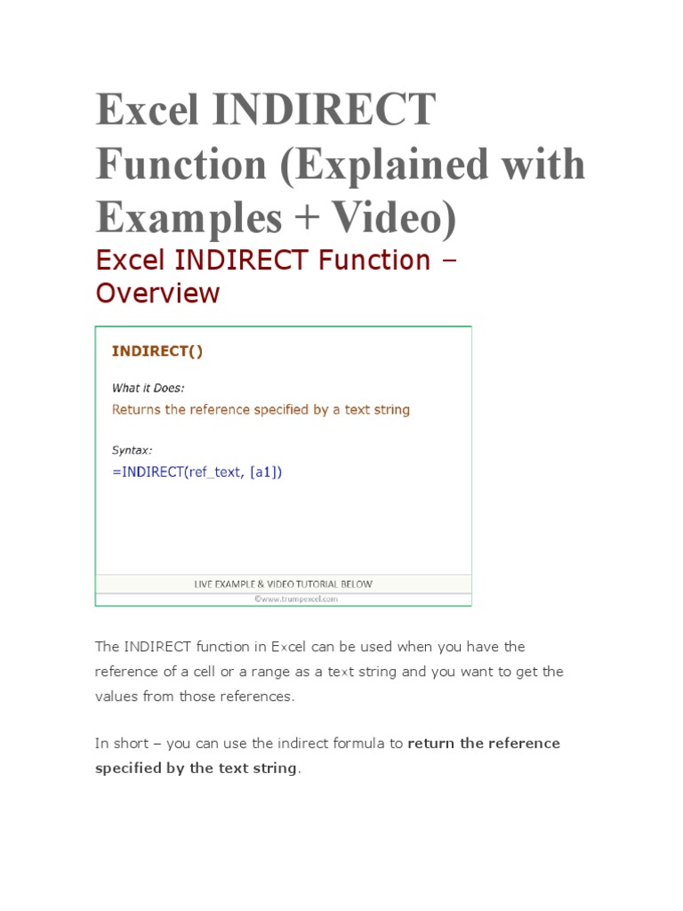Excel INDIRECT Function | Download Free PDF | Microsoft Excel | Worksheet