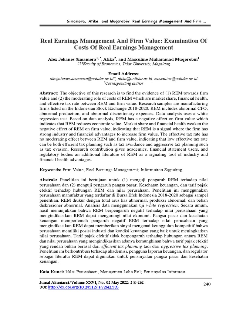 Real Earnings Management and Firm Value: Examination of Costs of Real ...