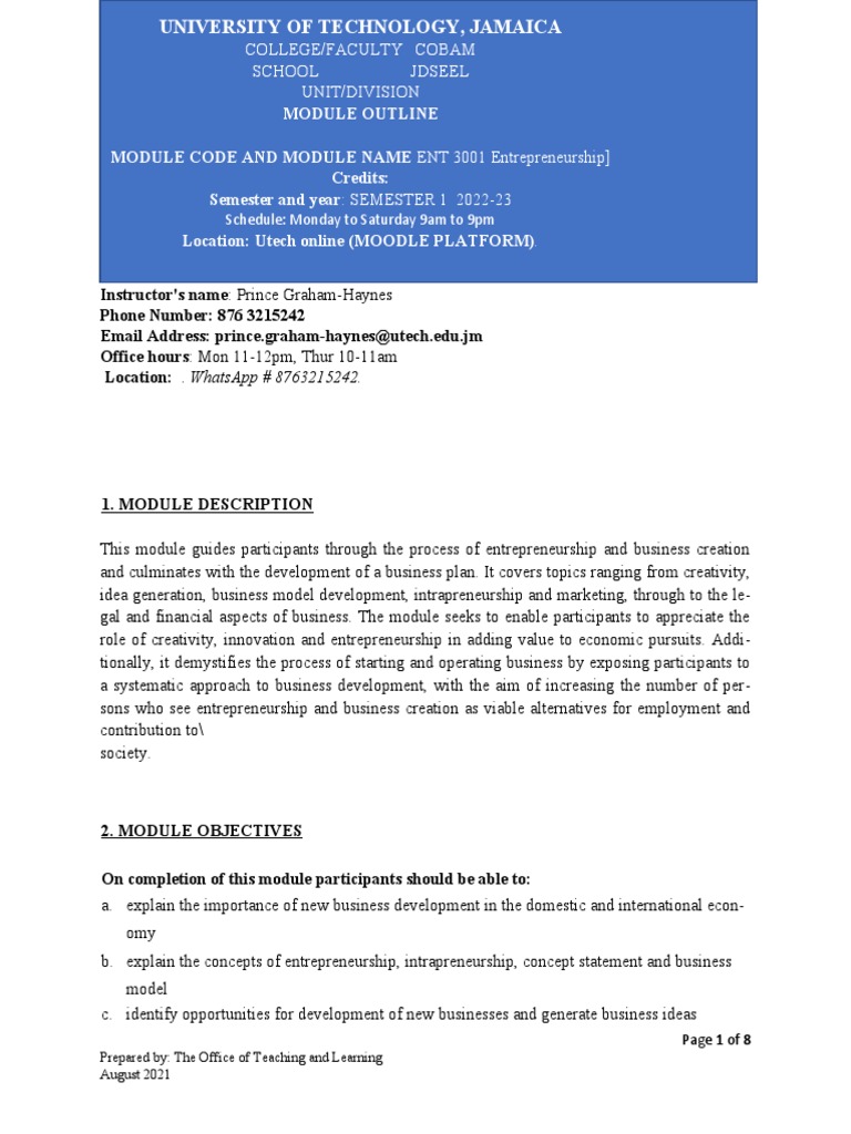 ENT 3001 Module Outline OTL SEM 1 2022-23 NEW PGH Fin | PDF | Entrepreneurship | Creativity