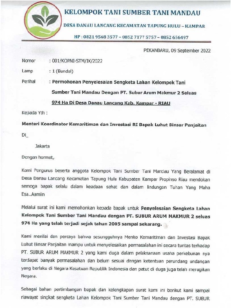 Surat Permohonan Kelompok Tani Sumber Tani Mandau | PDF